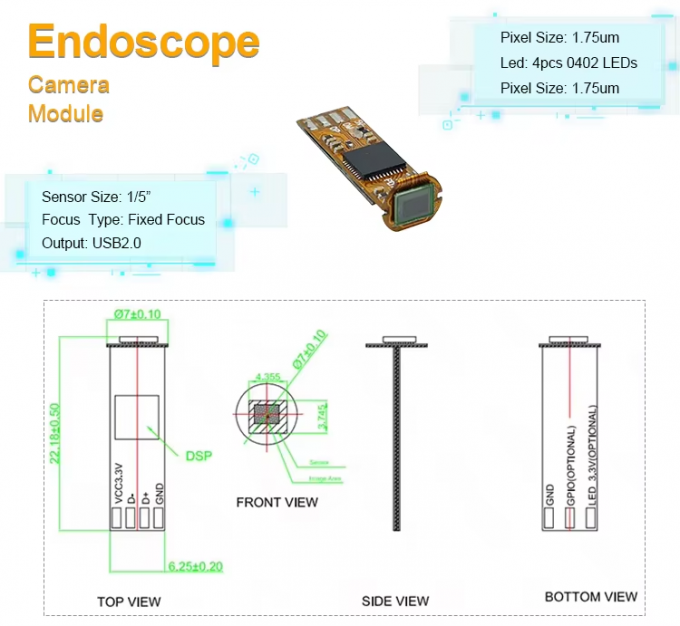 USB2.0 Cmos Sensor 2MP Endoscope Camera Module With Led